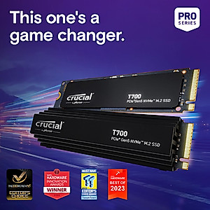 Crucial T700 1TB Gen5 NVMe M.2 SSD with Heatsink - Up to 11,700 MB/s - DirectStorage Enabled - CT1000T700SSD5 - Gaming, Photography, Video Editing & Design - Internal Solid State Drive