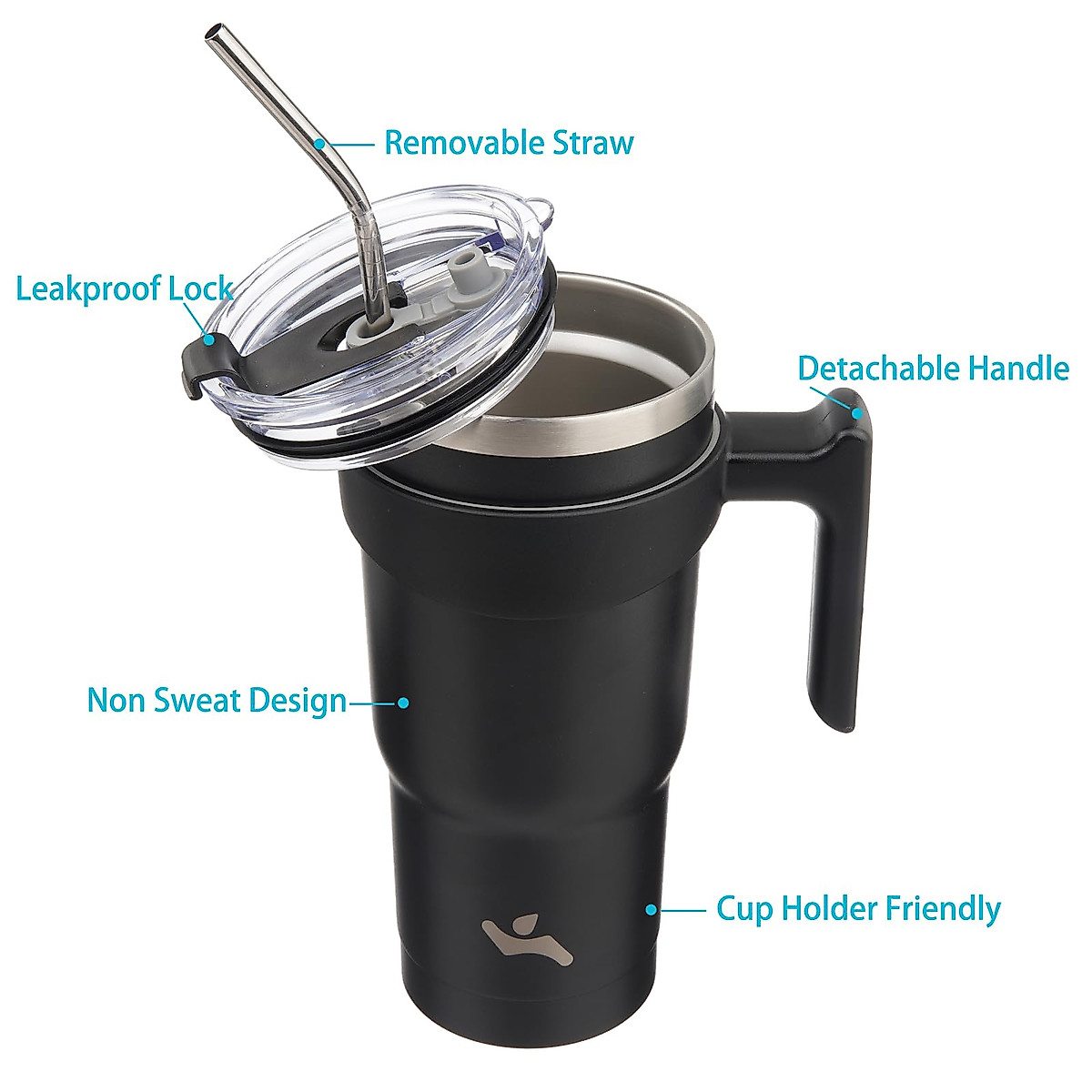 Konokyo 20 oz Tumbler with Handle and 2 Straw 2 Lid, Insulated Water Bottle Stainless Steel Vacuum Cup Reusable Travel Mug,Black