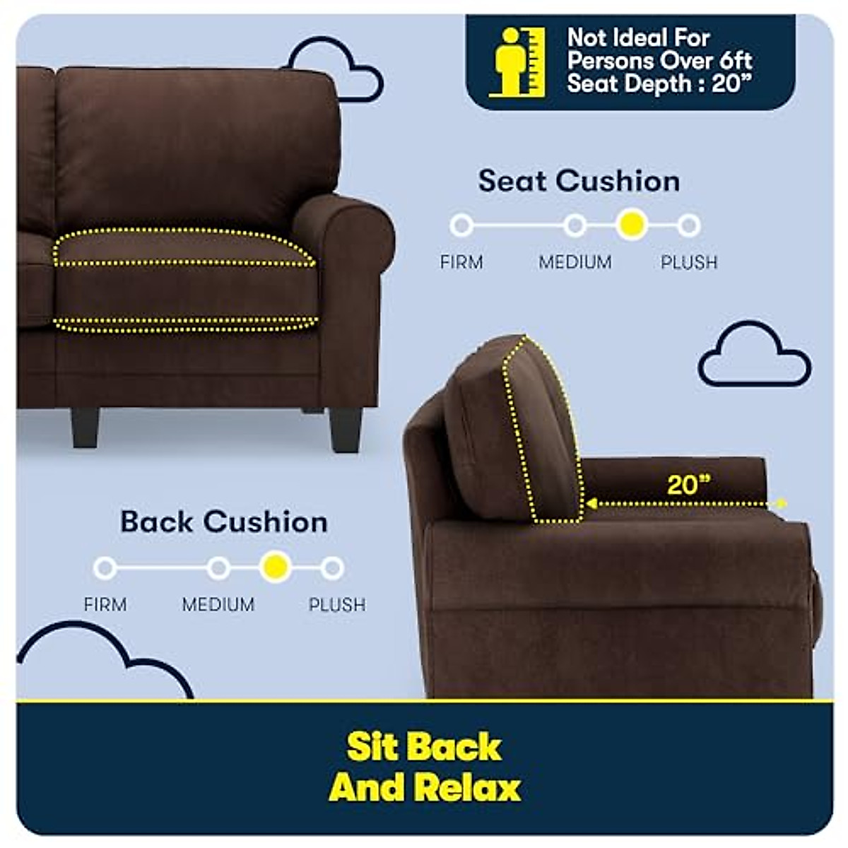 Serta Copenhagen Rolled Arm Sofa, Easy Care Polyester, Soft Pillow Back, Pocket Coil Seat Cushions, Removable Covers, Couch for Small Spaces, Living Rooms or Bedrooms, 61" Loveseat, Brown