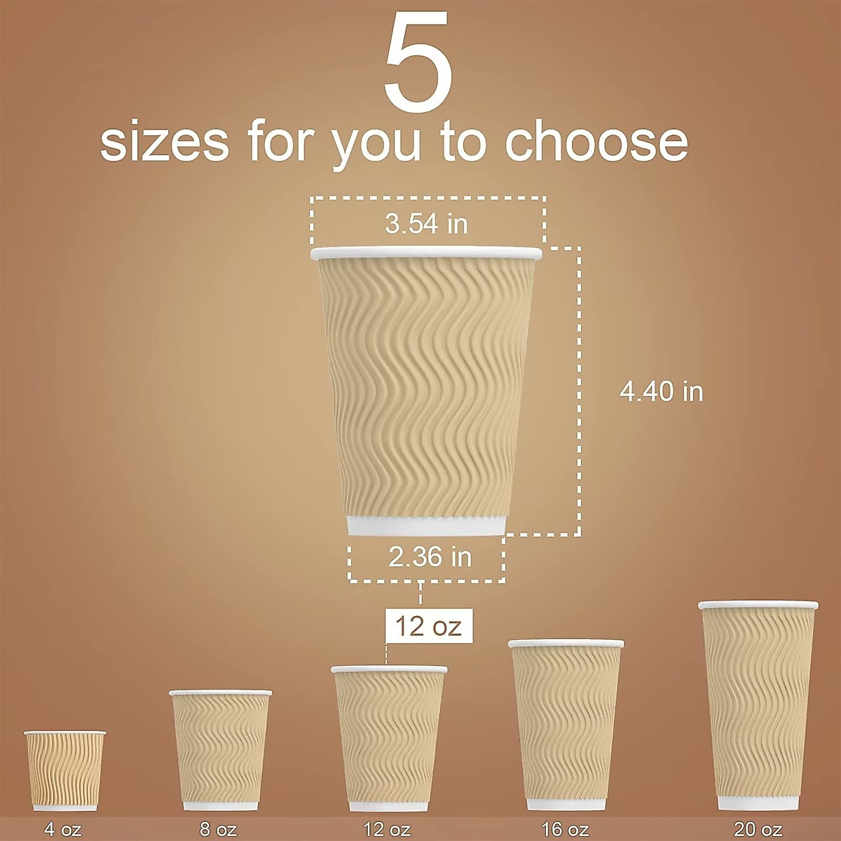 Luckypack Hot Paper Cups_12 oz Disposable Insulated Corrugated Sleeve Ripple Wall Paper Cup for Drink，Hot Coffee Cups （100,12oz Cups） (Brown)