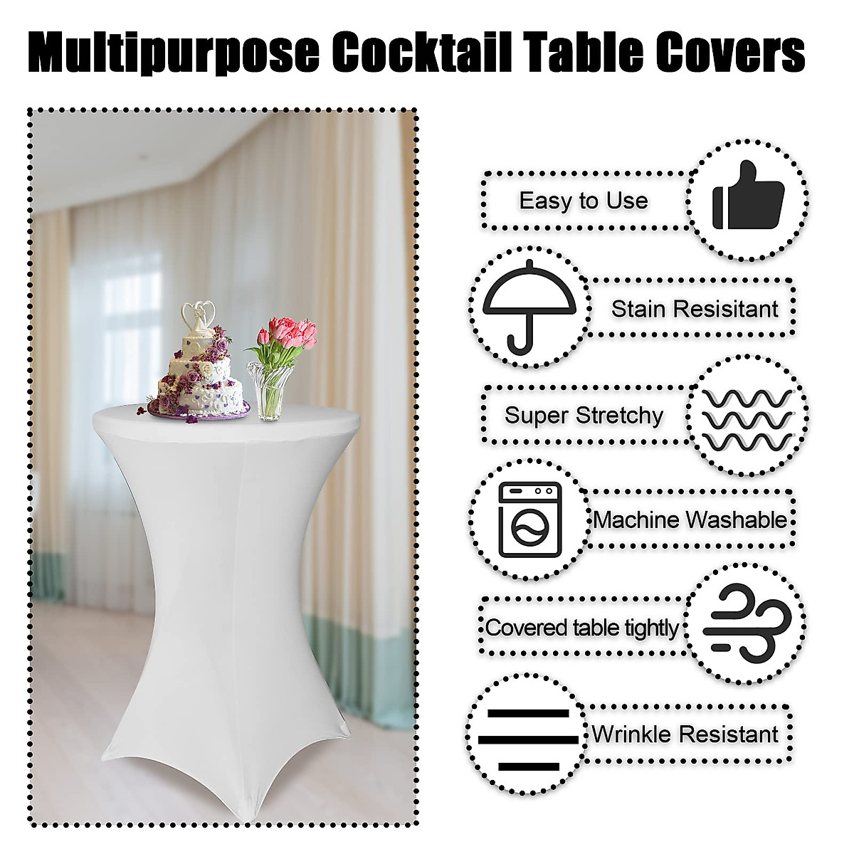 SUNTQ 4 Pack Spandex Table Covers, Cocktail Fitted Tablecloths, Round Highboy Stretch Table Cloths for Party, Wedding, Birthday, Banquet, Vendors,Bistro Table,White,32x43 Height