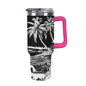 Palm Tree Black 40 Oz Tumbler Insulated Stainless Steel Water Bottle Travel Mug Car Cup with Handle And Straw