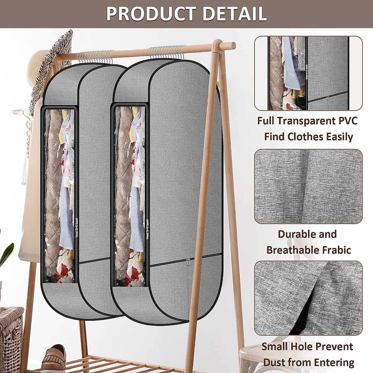 Garment Bags for Hanging Clothes,Chakera Large Breathable Garment Bag for Closet Storage with 10”Gusseted,Clear Clothing Storage Garment Cover for Dress Sweater with Double Zipper,Grey