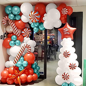 Enanal Christmas Balloon Garland Arch Kit, 166pcs Double-Stuffed Pearl White Dusk White Red Chrome Green Balloons with Candy Foil Balloon for Christmas Party Supplies Xmas Home Decoration (Red&White)