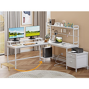 Furologee White L Shaped Gaming Desk with LED Strips and Power Outlets, 64" Reversible L Computer Office Desk with Pegboard and Fabric File Drawer, Coner Desk with Monitor Stand and Hutch