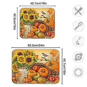Fall Sunflowers Pumpkin Bird Dish Drying Mat, Drying Mat For Kitchen Counter, Absorbent Polyester Material, Heat-resistant Drying Mat 16 In x 18 In