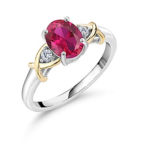 Gem Stone King 10K Yellow Gold and 925 Sterling Silver Red Created Ruby and White Lab Grown Diamond Ring For Women (1.43 Cttw, Oval 8X6MM, Available in Size 5,6,7,8,9)