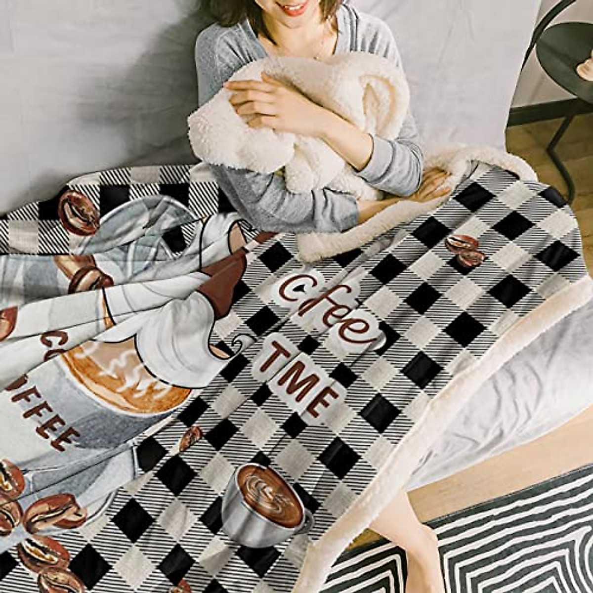 Sherpa Fleece Throw Blanket,Coffee Gnome Black Checker Retro Linen Soft Reversible Flannel Throws for Couch Sofa Bed,Dwarf Espresso Warm Cozy Blankets for Travel,Camping,Home Decor 40x50In