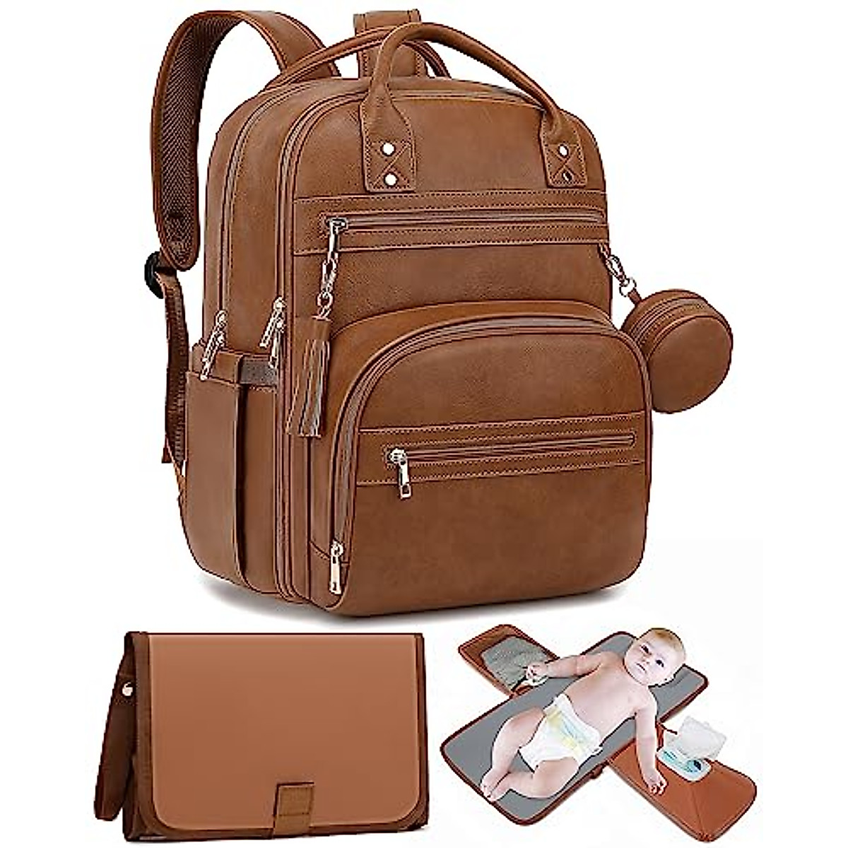 ROSEGIN Vegan Leather Diaper Bag Backpack with Changing Pad and Pacifier Holder, Multi-Functional Baby Bag for Boy Girl, Waterproof for Travel, Perfect Baby Shower Gifts for Mom, Dad, Newborn, Brown