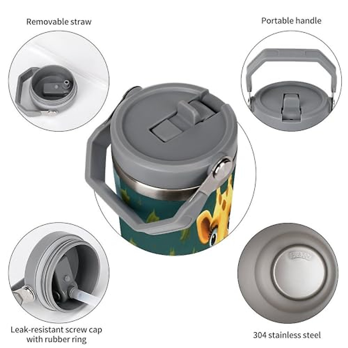 30oz Stainless Steel Insulated Tumbler with Flip Lid & Straw, Leakproof Travel Mug for Car, Cartoon Giraffe Double Wall Vacuum Thermal Coffee Cup with Handle, Spill-Proof Design for Hot/Cold Drinks