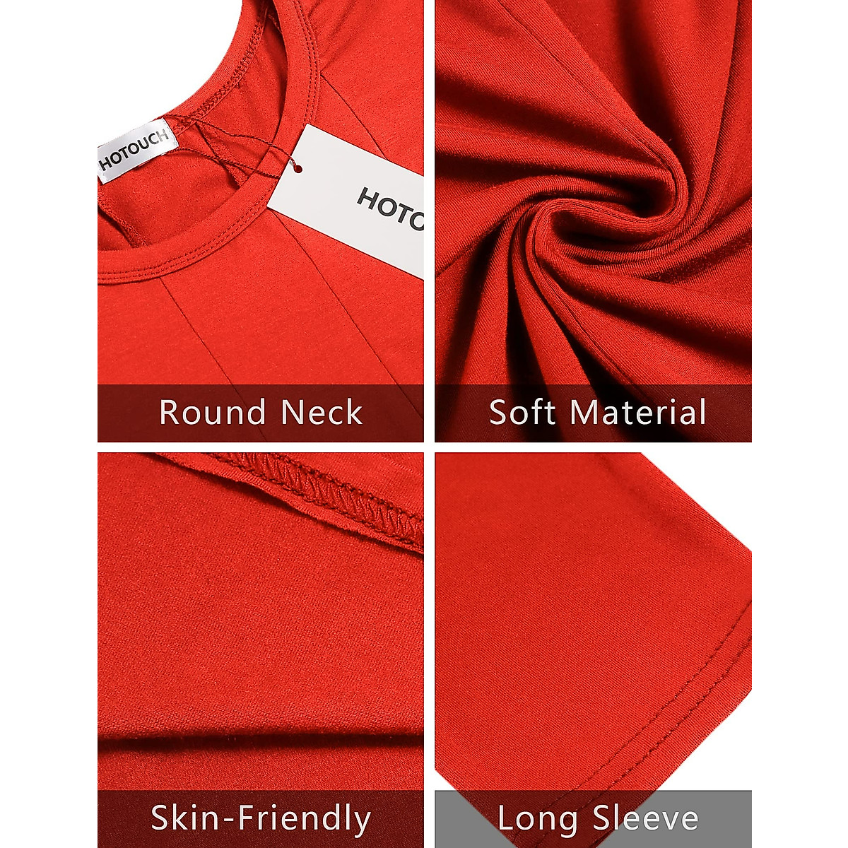 HOTOUCH Women Soft Casual Dress 3/4 Sleeve Midi Long Dresses (Red L)