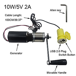 BUBQD DC Small Hand Crank Generator 10W USB 5V 2A Charger Mini DIY Permanent Magnet Motor for Outdoor Mobile Phone Power Bank Battery Charging with USB Plug