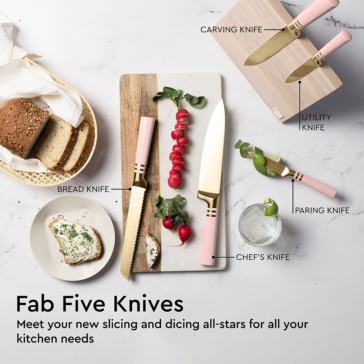 Pink Knife Set with Magnetic Knife Block - 6 PC Pink and Gold Knife Set with Block Includes Pink Kitchen Knife Set & Ashwood Magnetic Knife Holder - Pink Kitchen Accessories