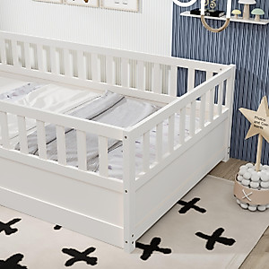 Favfurish Twin Size Montessori Floor Bed, Solid Wood Playhouse Bedframe with Safety High Fence for Kids, Girls, Boys, Bedroom, Playroom, Easy Assembly & No Box Spring Needed, Support Slat White