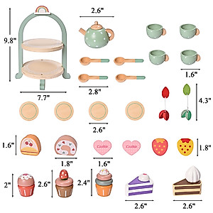 MONT PLEASANT 27pcs Wooden Tea Set for Little Girls, Toddler Tea Set Wooden Toys Play Kitchen Accessories with Cupcake Stand, Kids Tea Party Set Pretend Play Food Birthday Gift Playset