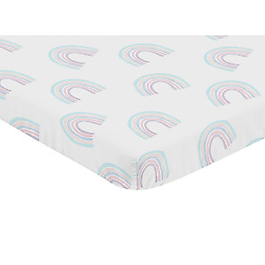 Sweet Jojo Designs Pastel Rainbow Girl Fitted Mini Crib Sheet Baby Nursery for Portable Crib or Pack and Play - Blush Pink, Purple, Teal, Blue and White