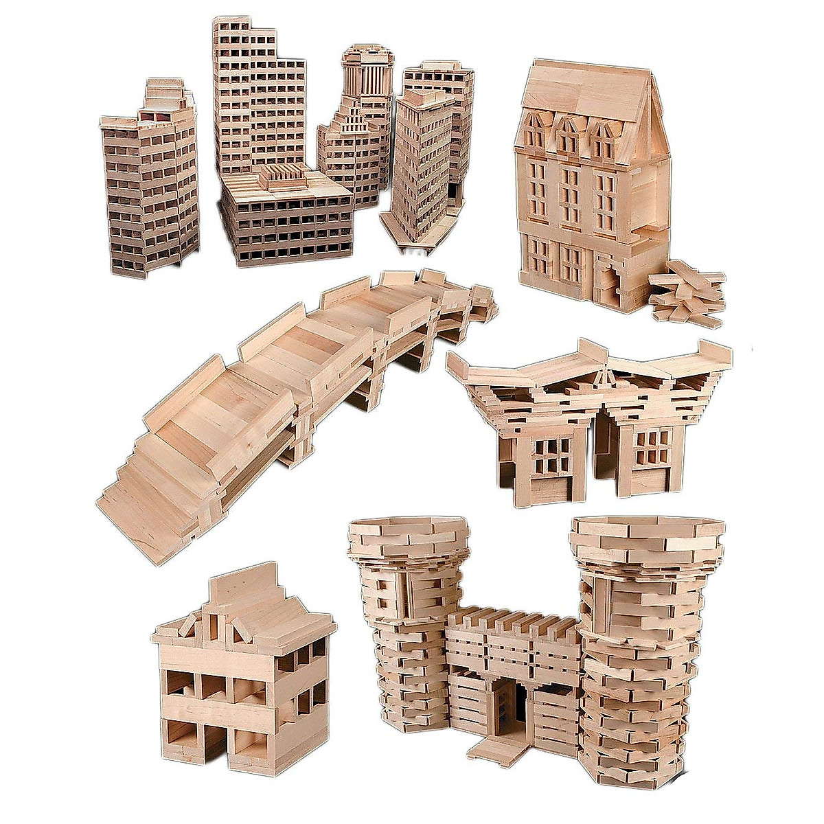 LuckIn 200-Pcs Wood Building Blocks for Kids over 3 Year Old, Structure Wooden Planks Set, Wood Stacking Blocks Brain Builders and Contraptions, STEM Toy for Boys and Girls