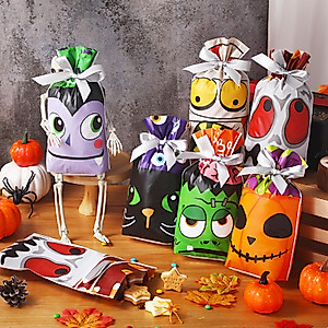 Funrous 48 Pcs Halloween Drawstring Treat Bags Bulk Halloween Plastic Candy Goodie Bags Trick or Treat Party Gift Bags for Kids Birthday Halloween Theme Party Favors Supplies