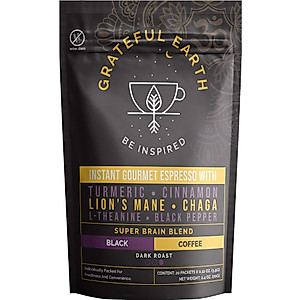 Grateful Earth Super Brain Blend Instant Gourmet Espresso Black Coffee with Nootropics 20 Packets Microground Robusta and Arabica Coffee with Turmeric, Cinnamon, Black Pepper