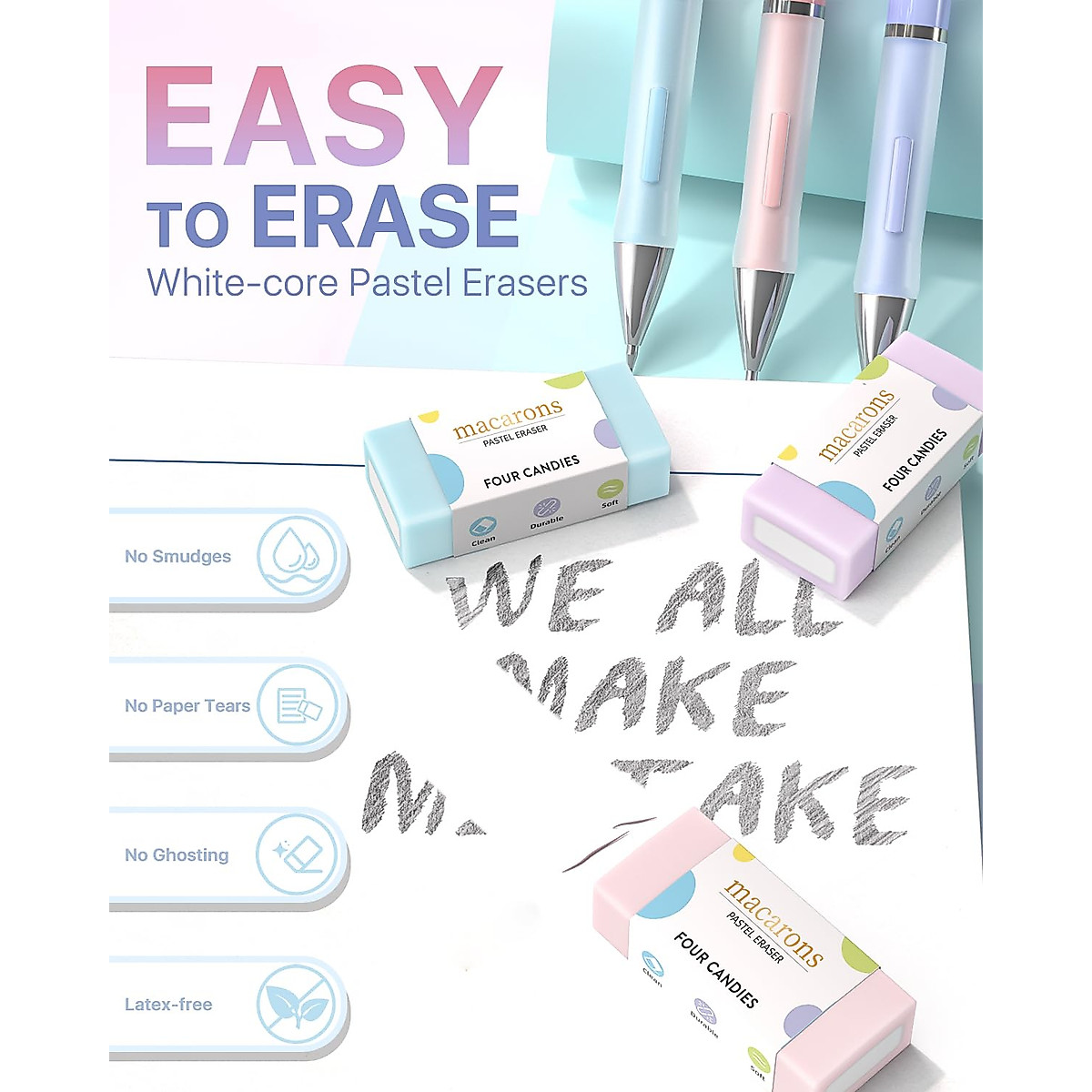 FourCandies Pastel Mechanical Pencil Set - 6PCS 0.5mm&0.7mm Mechanical Pencils with 360PCS HB Lead Refills, 3PCS Erasers and 9PCS Eraser Refills, Cute Colored Mechanical Pencils for Drawing & Writing