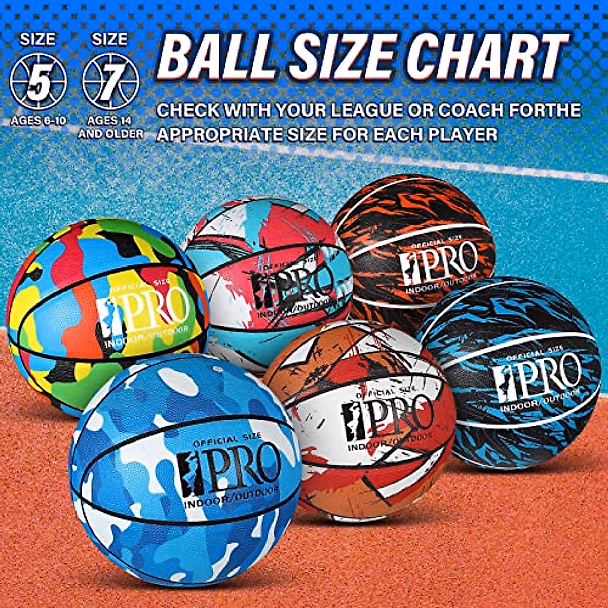 Lenwen 6 Pcs Basketballs Bulk Official Regulation Size Rubber Basketball with Pump Camouflage Standard Graffiti Youth Adults Practice Training Match Streetball Back to School Sport Gift(Size 7)