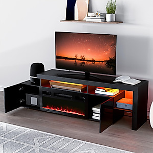 Cozy Castle Extra Long 73.2" Fireplace TV Stand up to 85" TV, High Gloss Entertainment Center with 30" Electric Fireplace, LED Lights and 2 Storage Cabinets, Modern Media Console with Charging Station
