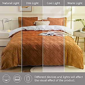 JELLYMONI Reversible Rust & White Duvet Cover King Size - 3PCS Microfiber Tufted Duvet Cover, Boho Textured Duvet Cover Jacquard Geometric Pattern Duvet Cover with Corner Ties & Zipper Closure