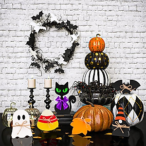 JOICEE Halloween Tiered Tray Decorations, 6Pcs Halloween Wooden Table Sign, Black Cat Ghost Bat Candy Corn Freestanding Table Shelf Farmhouse Rustic Signs for Halloween Home Indoor Décor.