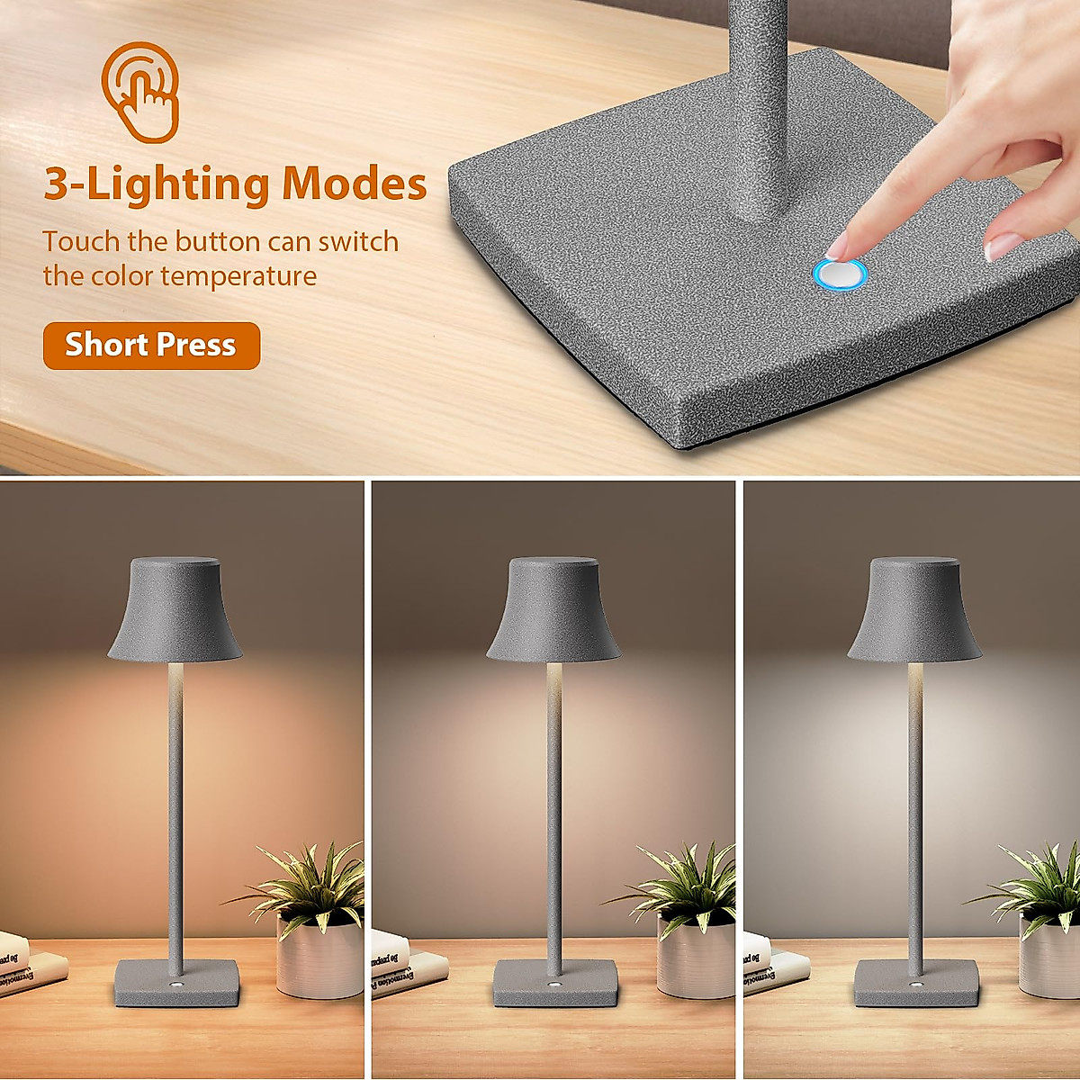 YIBEN Cordless Table Lamp, Rechargeable Battery 5000mAh Metal Aluminum Housing USB LED Portable Powered Desk Lamp, 2 Levels Brightness Night Light for Restaurants Bedroom Outdoor (Black-1)