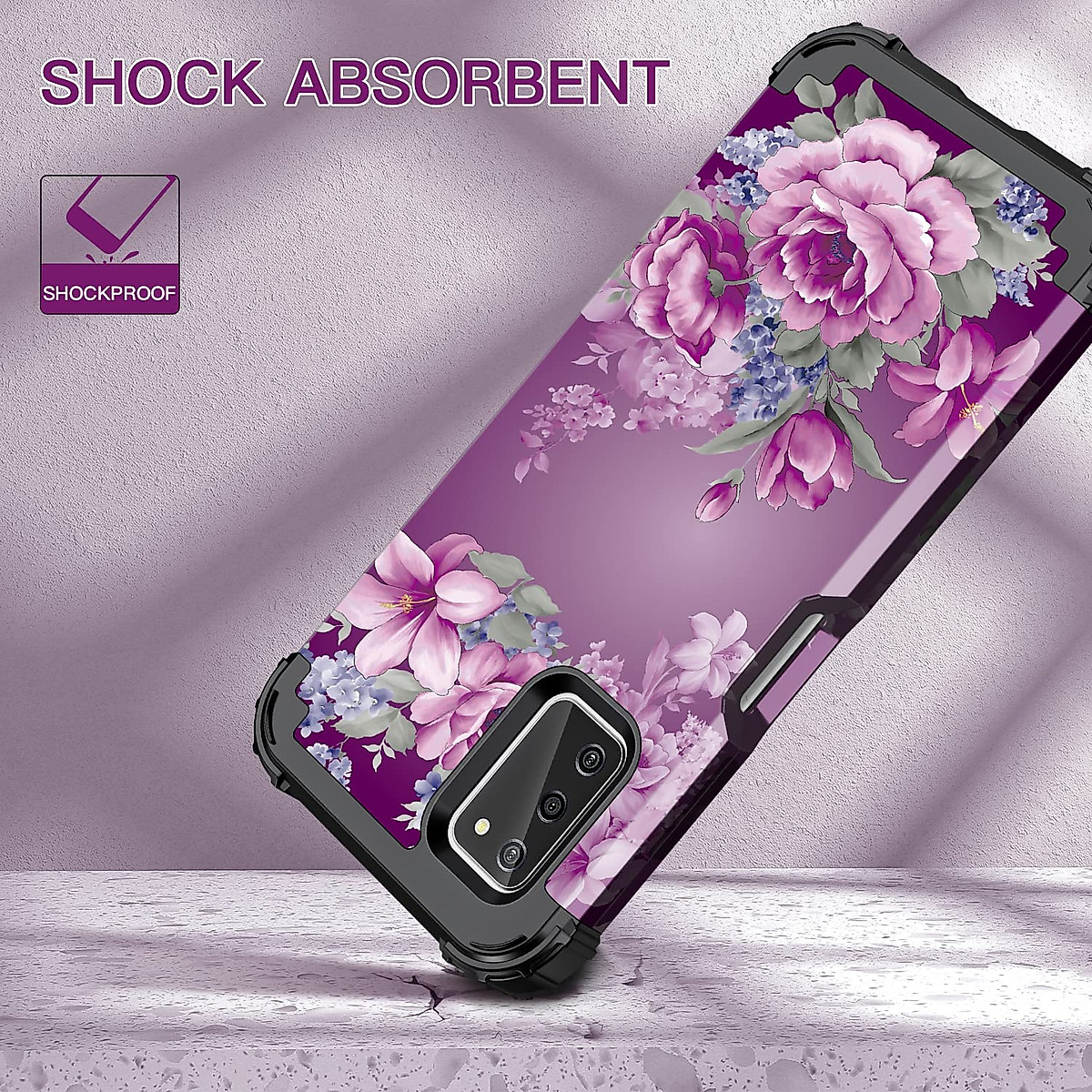 LONTECT for Galaxy A03S Case Floral Shockproof Rugged Heavy Duty 3 in 1 Hybrid Sturdy High Impact Protective Cover Case for Samsung Galaxy A03S 6.5 inch,Purple Flower/Black