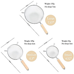 NaDale Set of 3 Stainless Steel Fine Mesh Strainers 4.92"，6.3"，7.87" Strainer Wire Sieve Sifter for Kitchen Tools Gadgets
