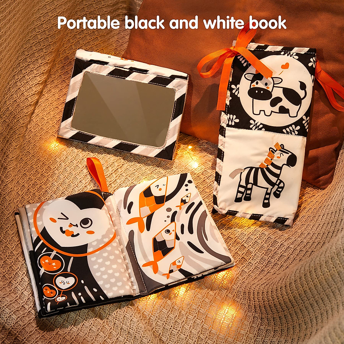 TUMAMA Baby Crib Black White Hanging Toy, Soft Cloth Shape Book, Crib Play Mats High Contrast Double Sides, Floor Mirror Books Letters Numbers Animals for Baby 0 3 6 9 12 Months