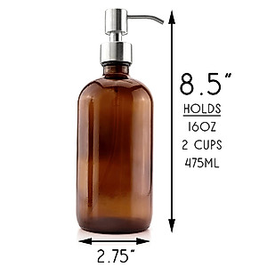 Cornucopia Brands 16-Ounce Amber Glass Bottles w/Stainless Steel Pumps (2-Pack); Lotion & Soap Dispenser Brown Boston Round Bottles for Aromatherapy, DIY