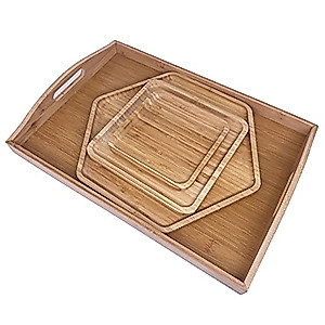 PAFREWOG Bamboo Serving Trays Charcuterie Platter 16.5"x11.8"（42x30cm with Handle, Set Includes 1xHexagon 12.5"(32cm)+1xSquare 7.8"(20cm)+1xSquare 5.9"(15cm) Small Plates for Family Dinner