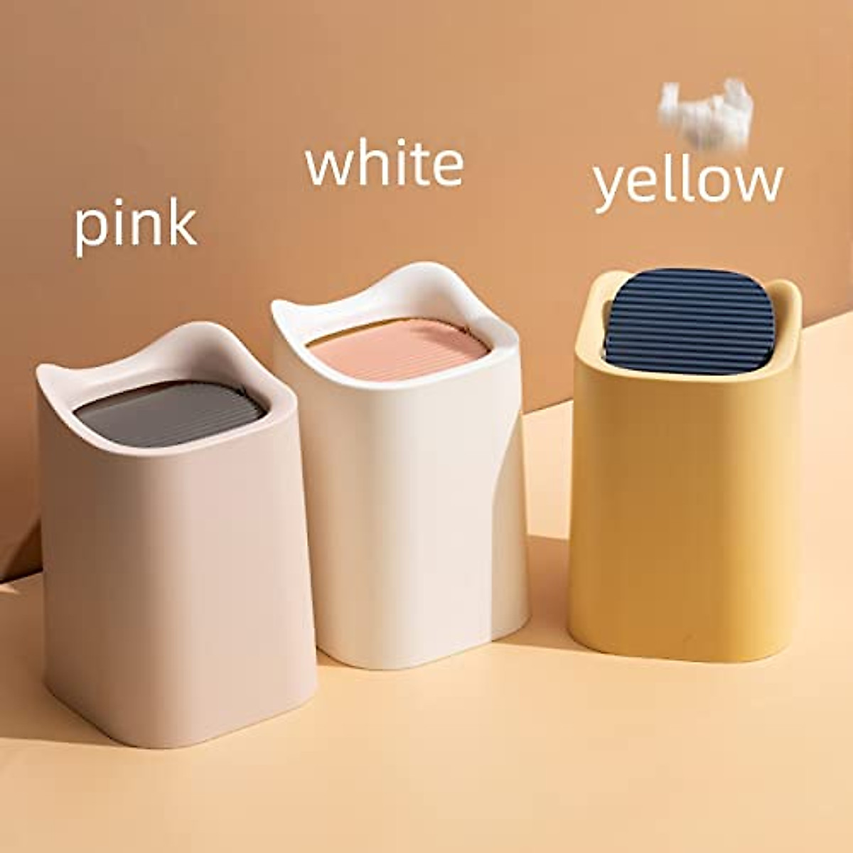 Mini Desktop Trash Can with Type Lid, Cat Ears Small Waste Garbage Basket Bin for Desk Office Kitchen, Colorful Plastic Trash with 2 Rolls of Trash Bags (White)