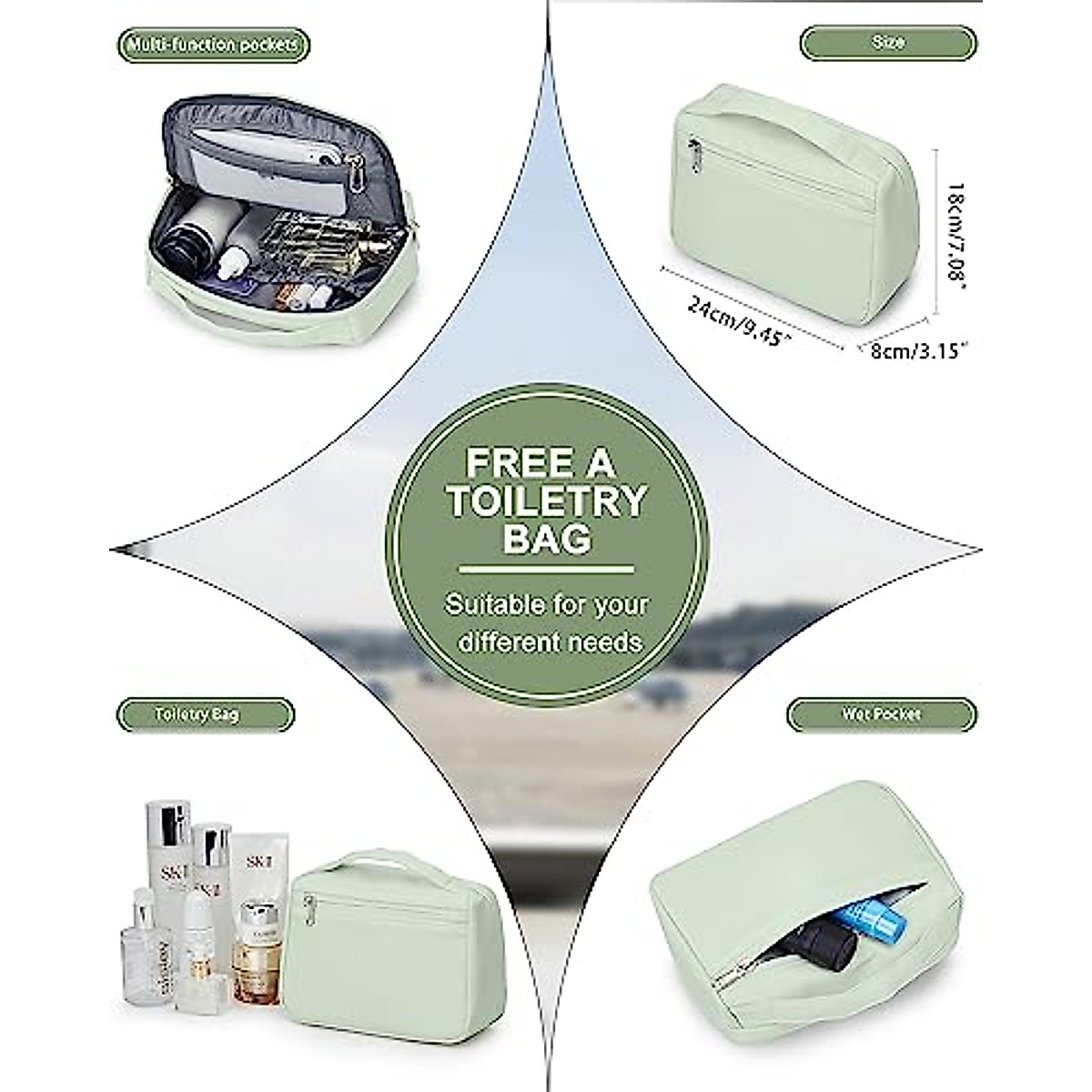 VGCUB Large Travel Backpack,Carry on Backpack for Women Men Airline Approved Gym Backpack Waterproof Business Laptop Daypack,Green With Toiletry Bag