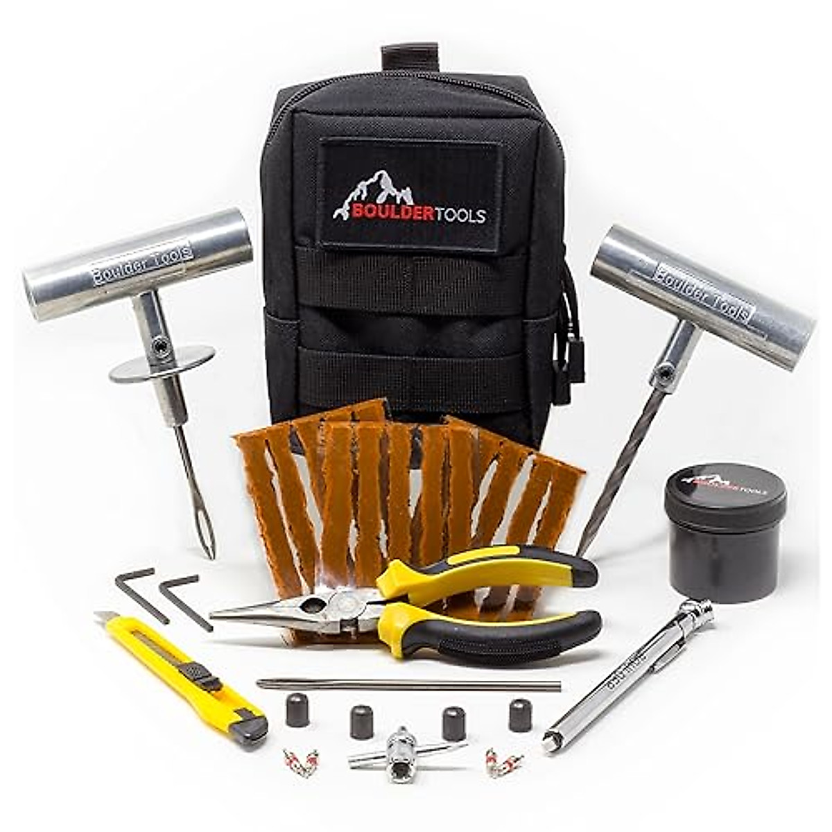 Boulder Tools Compact Tire Repair kit with Molle Storage Pouch | Heavy Duty Universal Tire Plug Kit -| Motorcycle Accessories | Easily Stores Inside Your UTV, ATV, Truck, Overlanding Gear or RV