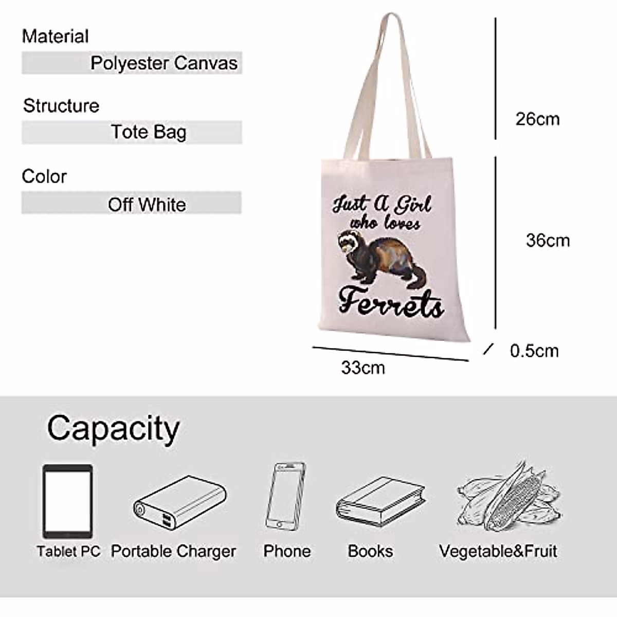 VAMSII Ferret Tote Bag Ferret Gifts for Ferret Lovers Ferret Owner Gifts just a Girl who Loves Ferrets Shoulder Bag(Ferret Tote Bag)