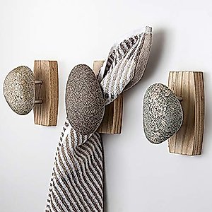 Sea Stones Coast Hook - Coat Hook - Hand Selected, Natural Stone Wall Hook with Elegant Wooden Backplate - Hang Your Coats, Towels, Robes & More with Both Indoors & Outdoor Uses (3 Pack, Ash)