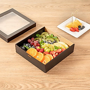 Restaurantware Cater Tek 9 x 9 x 2.4 Inch Baked Goods Boxes 10 Greaseproof Pastry Boxes - Window Lids Insert Tab Lock Black Paper Catering Boxes Easy Assembly For Charcuterie Or Cupcakes