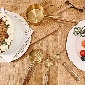 Muchtolove Measuring Cups and Spoons Set of 8, Golden Stainless Steel Measuring Cup with Wooden Handle, Kitchen/Food/Liquid/Baking