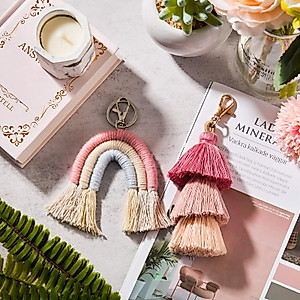 Hicarer 2 Pieces Boho Rainbow Keychains Pom Pom Tassel Macrame Keychains for Women(Fresh Color)