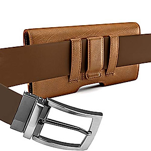 PiTau Holster for iPhone 15, 15 Pro, 14, 14 Pro, 13 Pro, 13, 12 Pro, 12, iPhone 11, XR, Cell Phone Case with Belt Clip [Magnetic Closure] ID Card Holder Pouch (Fits Otterbox Commuter Case on) Brown