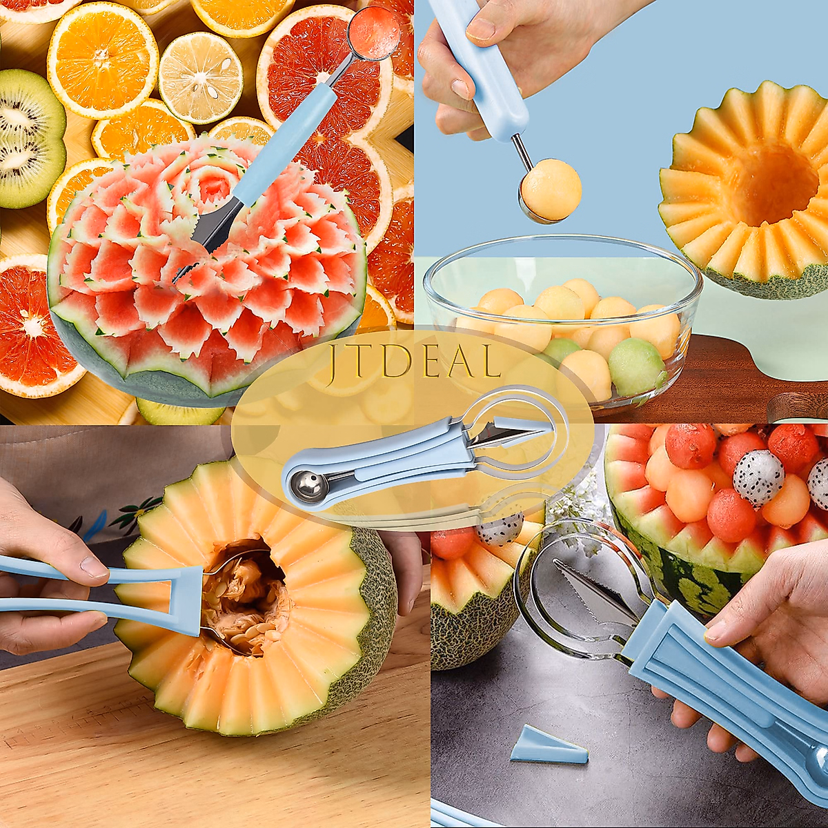 JTDEAL Melon Ball Scoop Set, Multifunctional 4 in 1 Stainless Steel Fruit Carving Tool Knife Set, Fruit Platter Carving Fruit Plate Small Tool, Cantaloupe Watermelon Ball Scoop (blue)