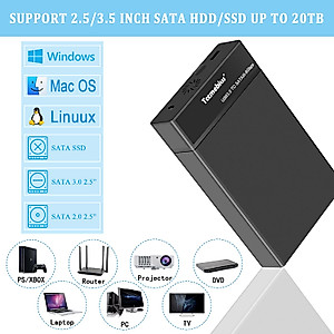 Tccmebius External Hard Drive Enclosure USB 3.0 to SATA Docking Station for 2.5 3.5 Inch SATA I/II/III HDD SSD with USB A/C Cable, Up to 20TB, Support UASP Automatic Sleep Function, Tool-free (TCC-S8)