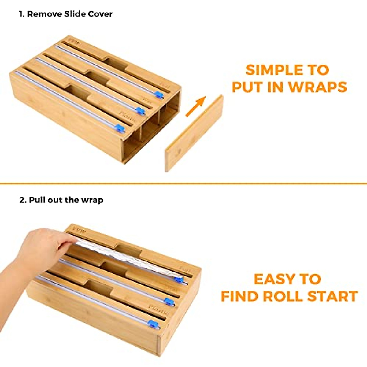 Bamboo Foil and Wrap Dispenser with Slide Cutter, 3 in 1 Plastic Wrap, Aluminum Foil and Wax Paper Organizer Holder Bamboo Tin Foil Roll Dispenser for Kitchen Drawer Compatible with 12 Inches Roll