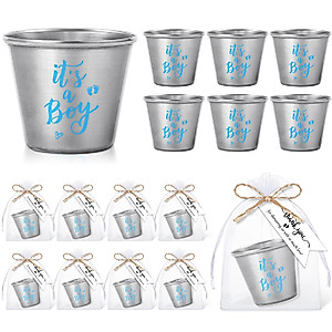 Pickmesh 50 Sets Baby Shower Favors for Guest Stainless Steel Shot Glasses with Thank You Tag Organza Bag Baby Arrival Theme Party Gift for Gender Reveal(Boy)