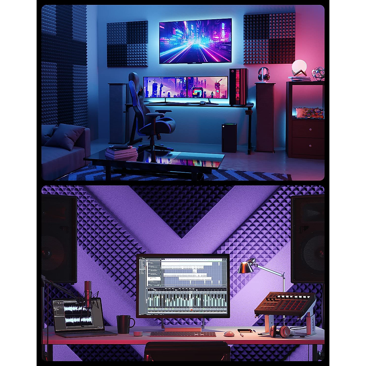 Sonicism 12 Pack Pyramid Sound Proof Foam Panels with Self-Adhesive, 12" X 12" X 2" Acoustic Foam Panels of High Density, Soundproof Wall Panels Fast Expand, Sound Absorption and Decoration (Black)