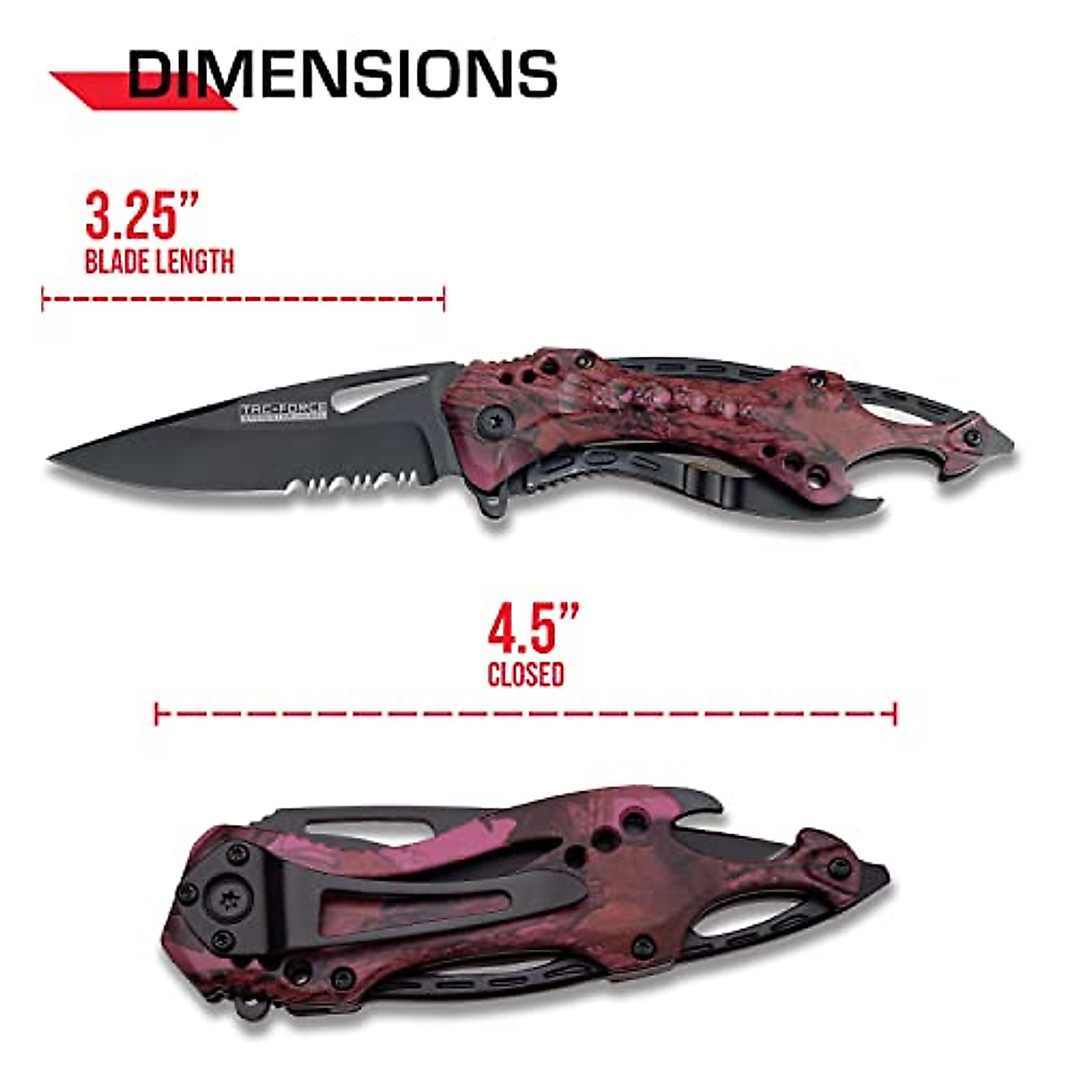 Tac-Force- Spring Assisted Folding Pocket Knife – Black Stainless Steel Blade with Black Aluminum Handle, Bottle Opener, Glass Punch and Pocket Clip, Tactical, EDC, Rescue - TF-705BK