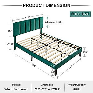 VECELO Full Bed Frames, Upholstered Platform Bedframe, Adjustable Headboard, Wood Slat Support, No Box Spring Needed, Easy Assembly, Dark Green